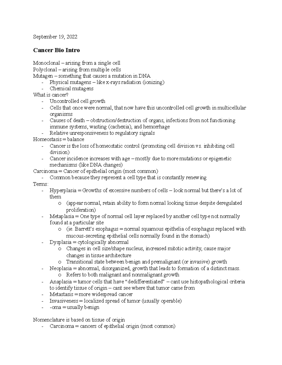 Class Notes - September 19, 2022 Cancer Bio Intro Monoclonal – arising ...