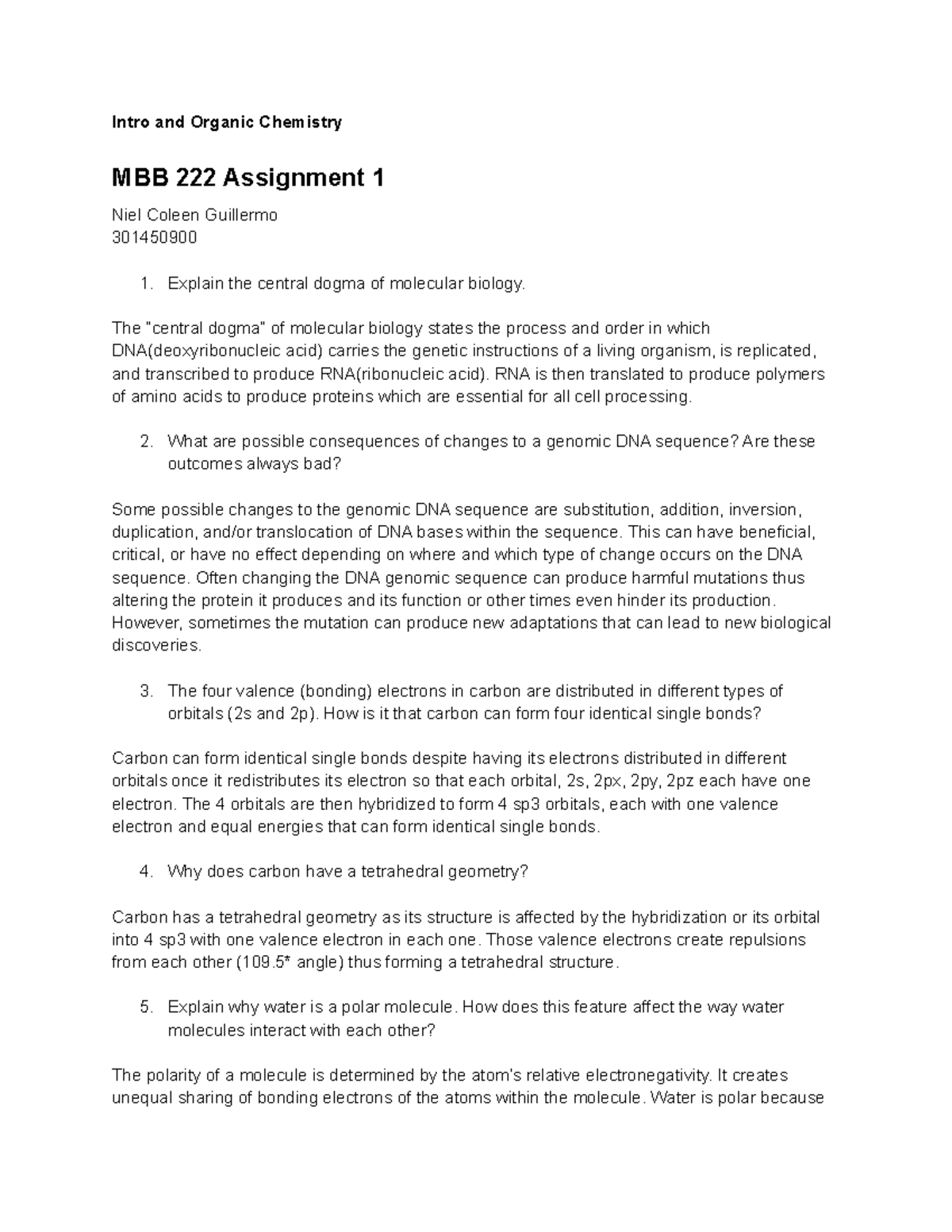 MBB 222 Assign 1 - Answers with Questions - Intro and Organic Chemistry ...