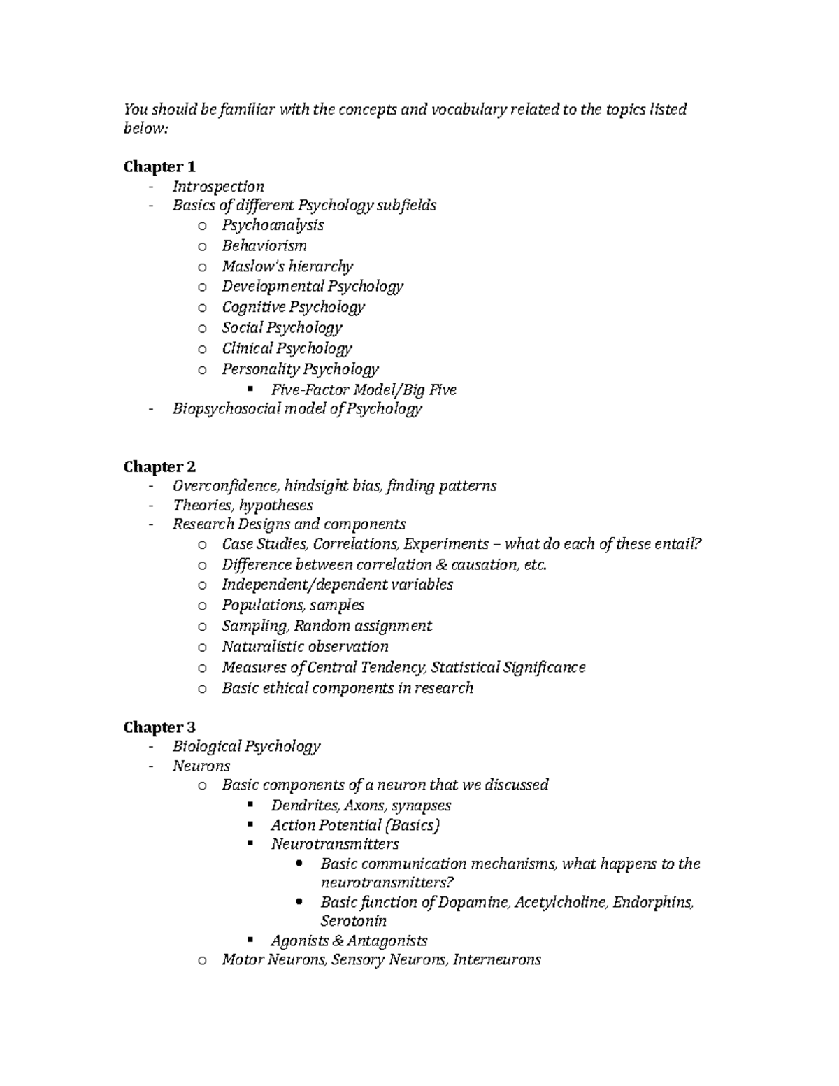 Psych 100 - Exam 1 study guideline - Fall 2019 - You should be familiar ...