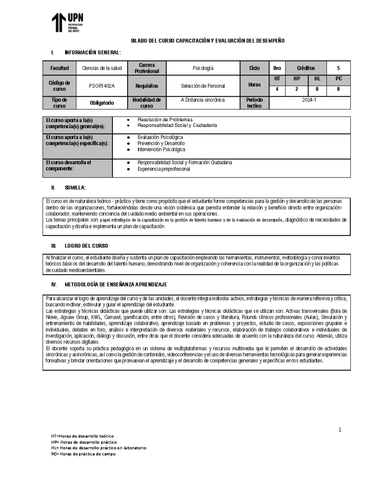 - C.E.D - Sílabo - 1 HT=Horas de desarrollo teórico HP= Horas de desarrollo práctico HL= Horas ...