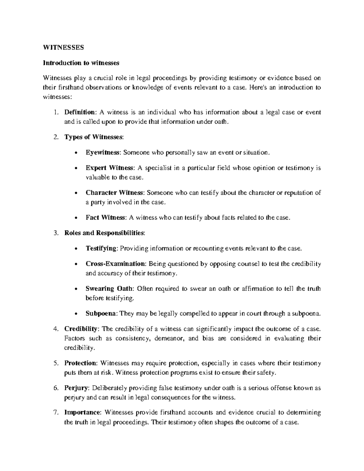 Evidence notes Week 8 - WITNESSES Introduction to witnesses Witnesses ...