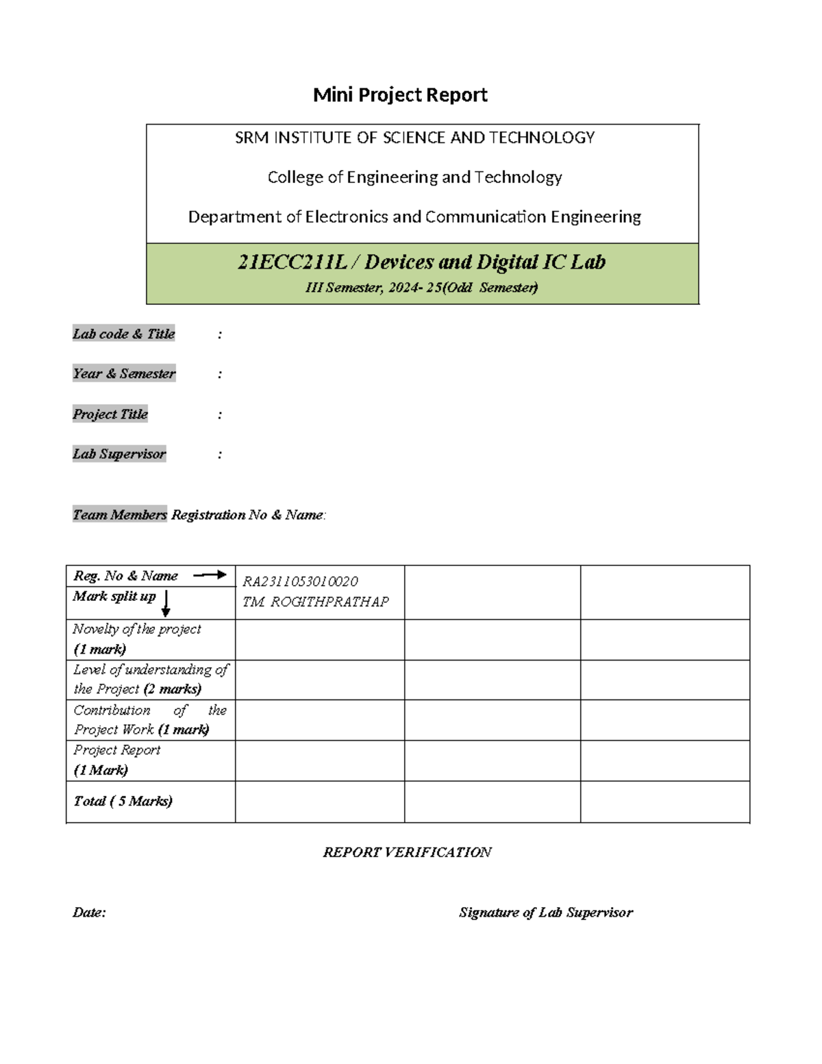 Mini Project report template Rogith - Mini Project Report SRM INSTITUTE ...