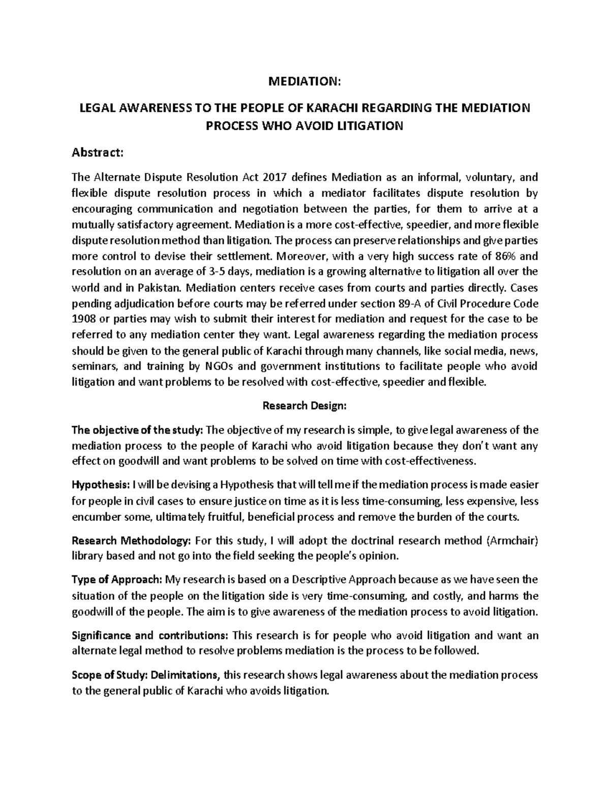 Research design - MEDIATION: LEGAL AWARENESS TO THE PEOPLE OF KARACHI ...