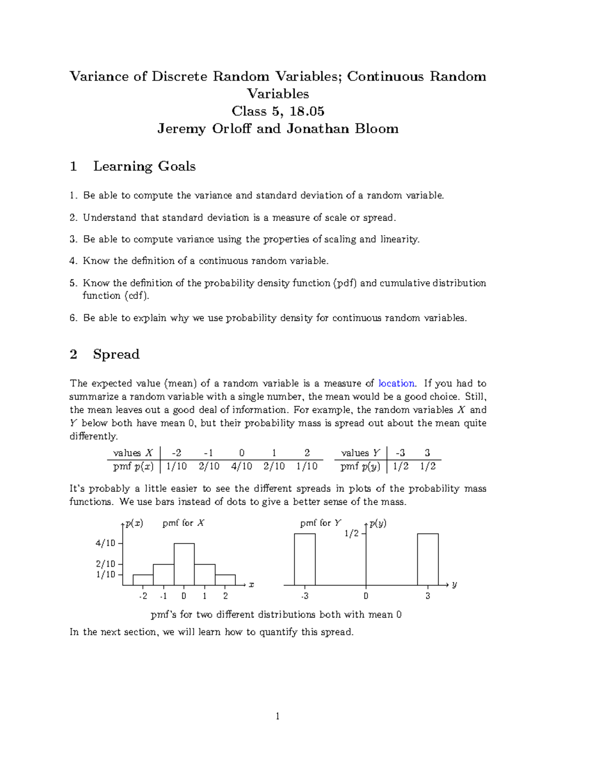 Class 5-prep - Bnnmb - Variance of Discrete Random Variables; Continuous Random Variables Class ...