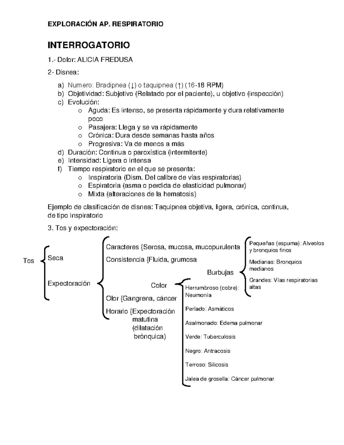 Exploración AP Respiratorio - INTERROGATORIO 1.- Dolor: ALICIA FREDUSA ...