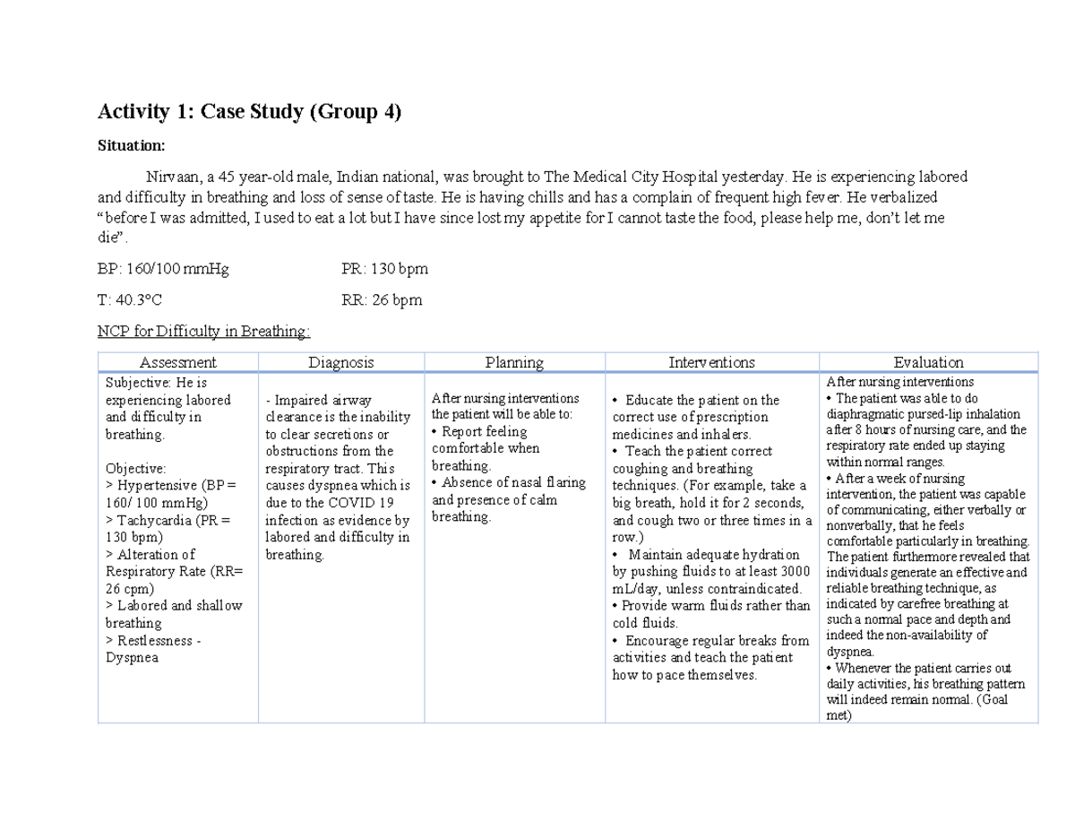 NCP Case Study G - Activity 1: Case Study (Group 4) Situation: Nirvaan ...
