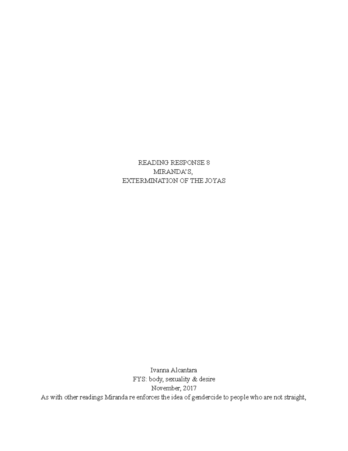 Reading Response 8 - FIRST YEAR SEMINAR - READING RESPONSE 8 MIRANDA’S ...