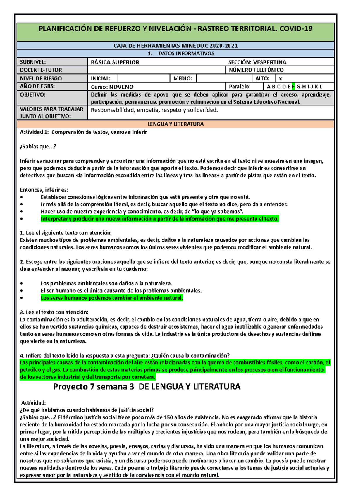Planificacion DE Rastreo Territoria Altol - PLANIFICACIÓN DE REFUERZO Y ...
