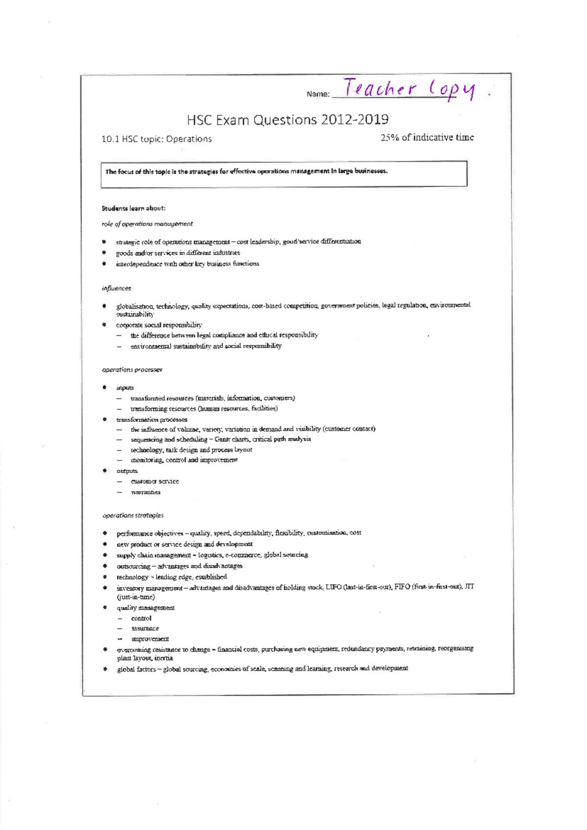 4. Answers Collated HSC Operations practice questions - Name: Teacher ...