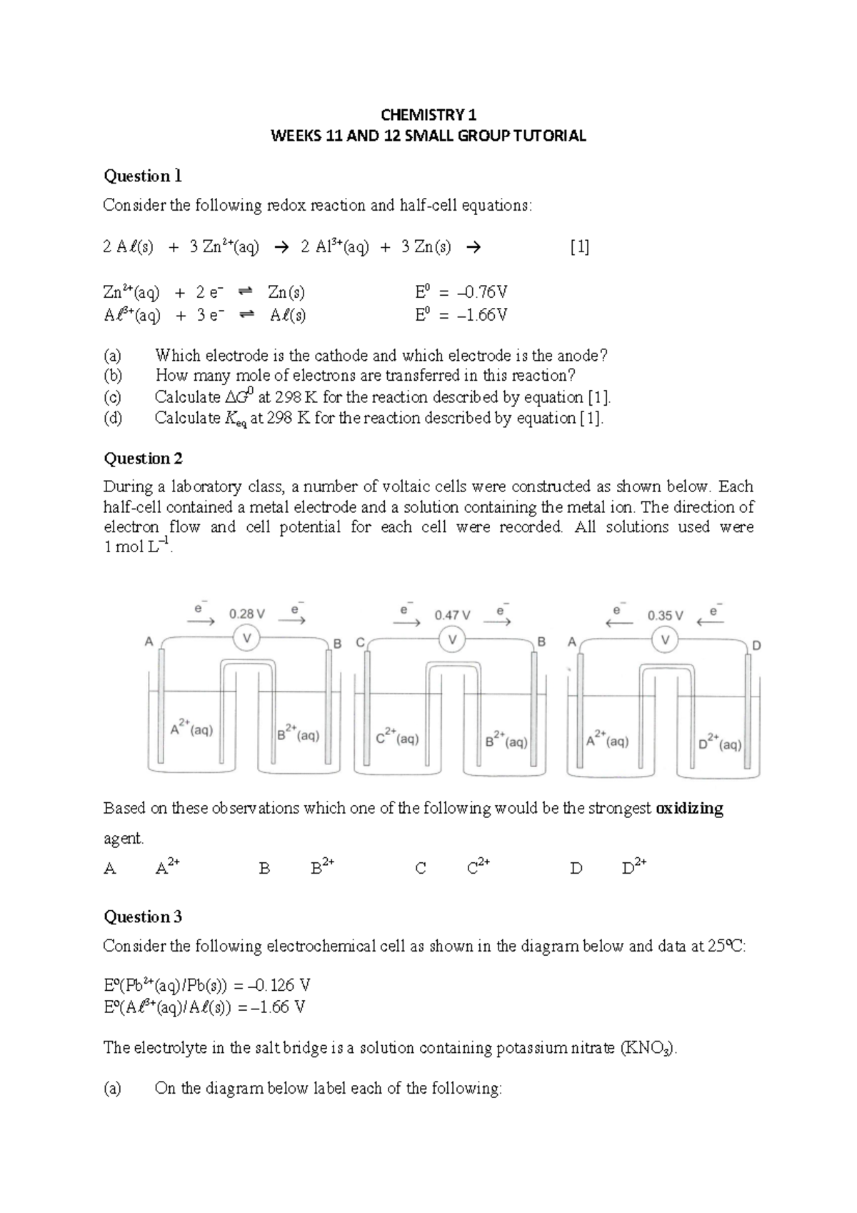 2019 weeks 11 and 12 small group tutorial questions - CHEMISTRY 1 WEEKS 11 AND 12 SMALL GROUP ...