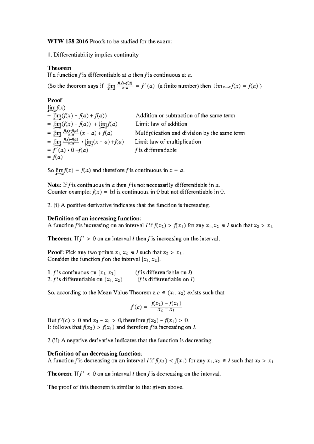 Three proofs - WTW 158 2016 Proofs to be studied for the exam: 1 ...