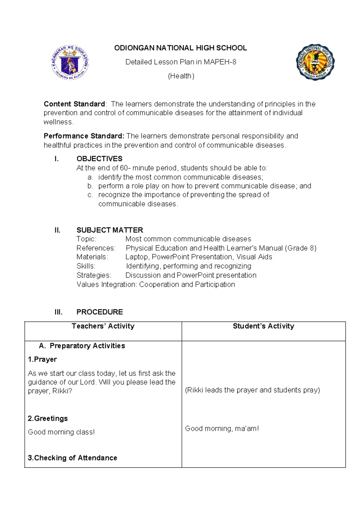 Final Detailed Lesson Plan in Health - ODIONGAN NATIONAL HIGH SCHOOL ...
