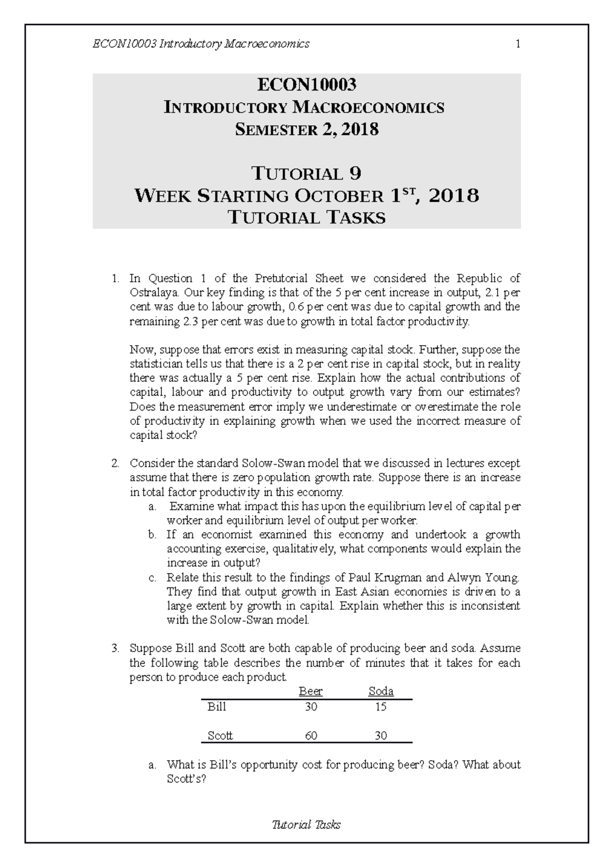 T9 Intutorial 2018 - ECON10003 Introductory Macroeconomics 1 ECON10003 ...