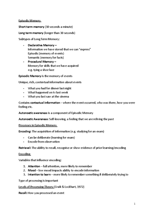 Lecture 1 episodic memory - Lecture 1: Episodic memory: Learning objectives: Describe what - Studocu