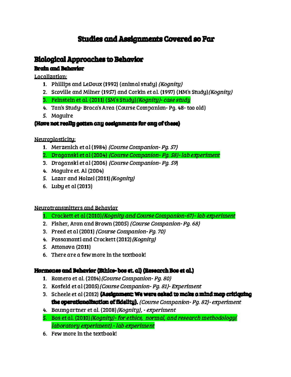 Psychology Studies - Studies and Assignments Covered so Far Biological ...