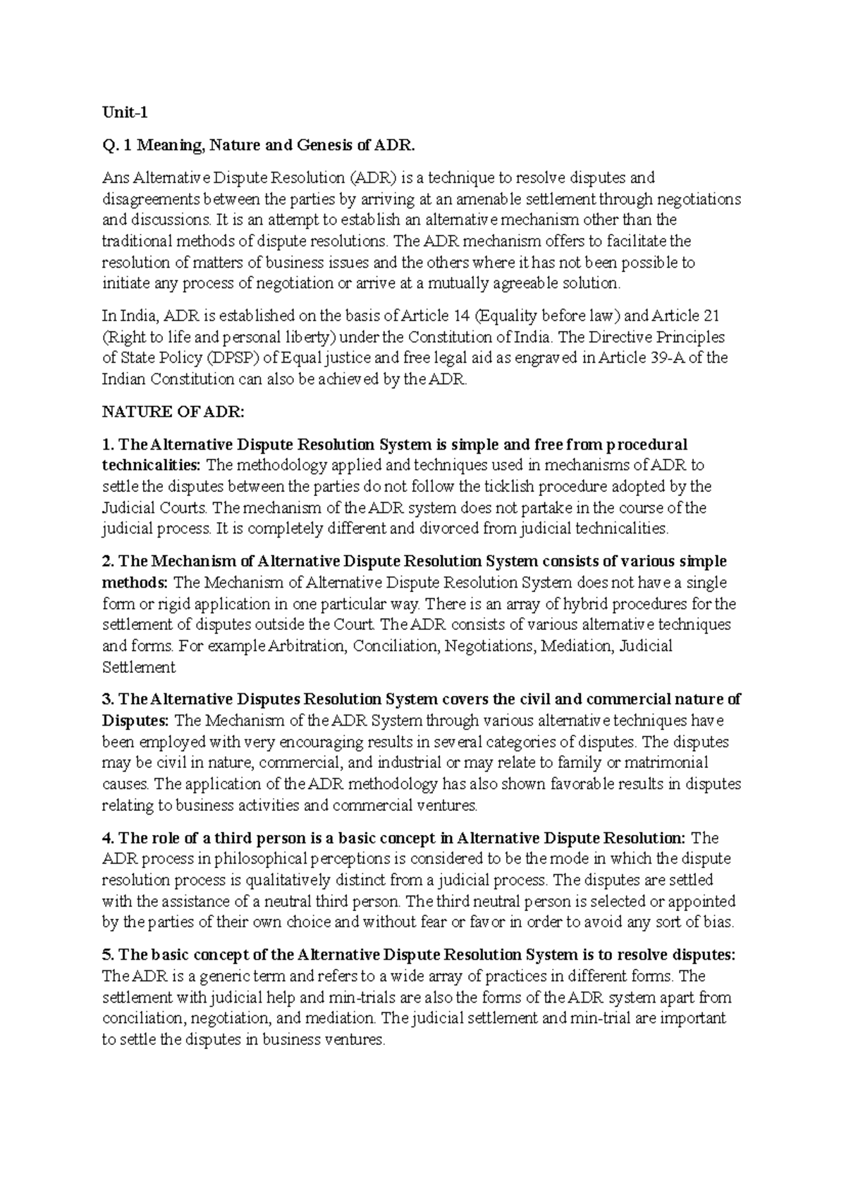 ADR notes - These are the key topics for ADR. - Unit- 1 Q. 1 Meaning ...