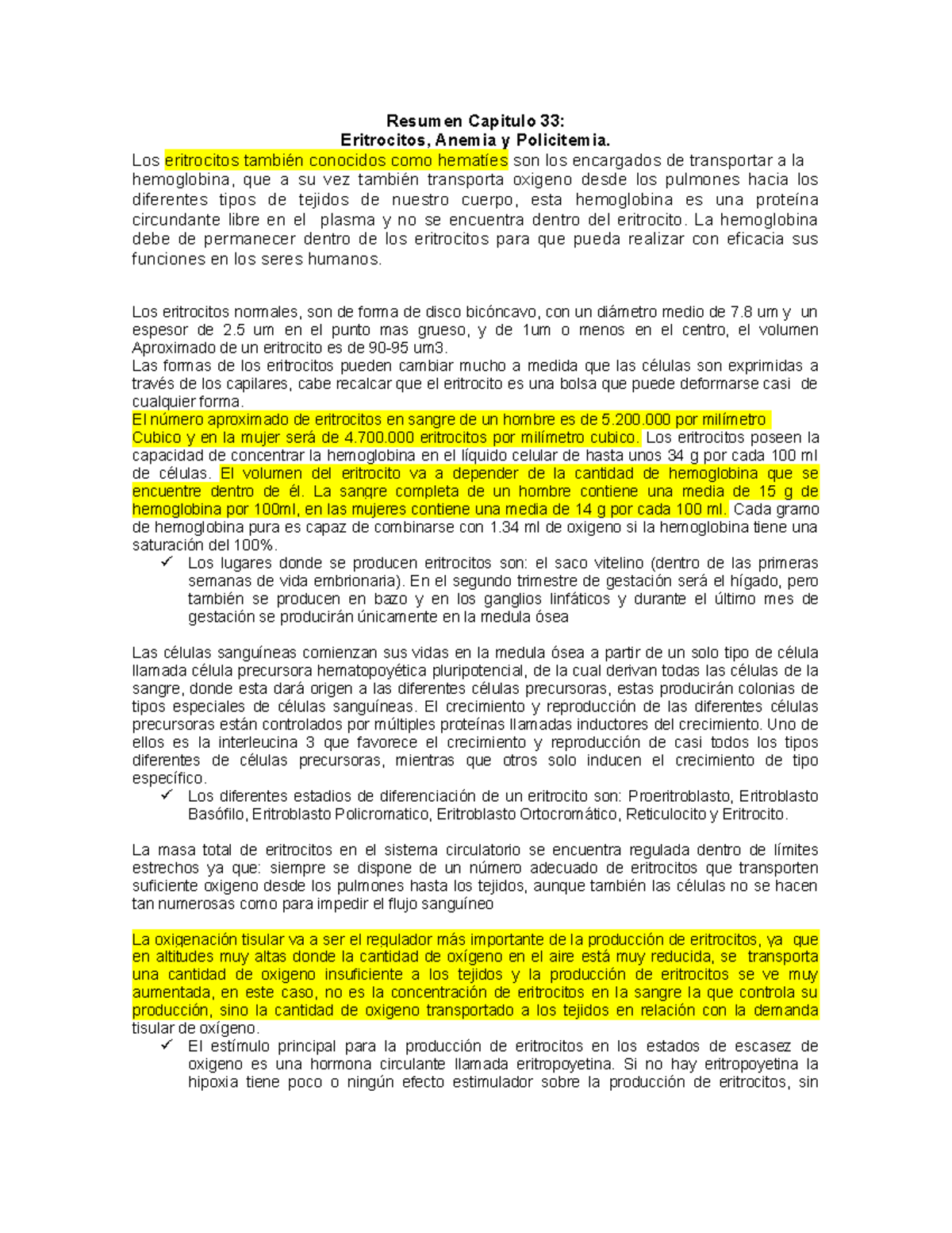 Resumen Capitulo 33 Guyton - Resumen Capitulo 33: Eritrocitos, Anemia y Policitemia. Los ...
