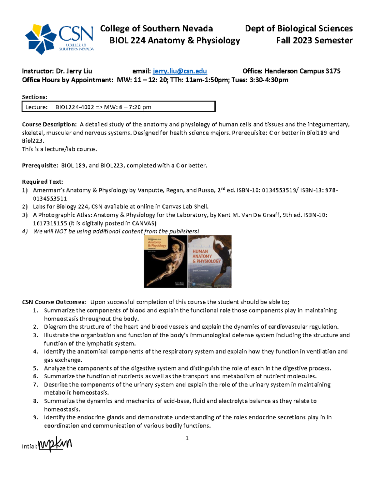 BIOL224 Fall '23 Syllabus Jerry Liu - 1 College of Southern Nevada Dept of Biological Sciences ...