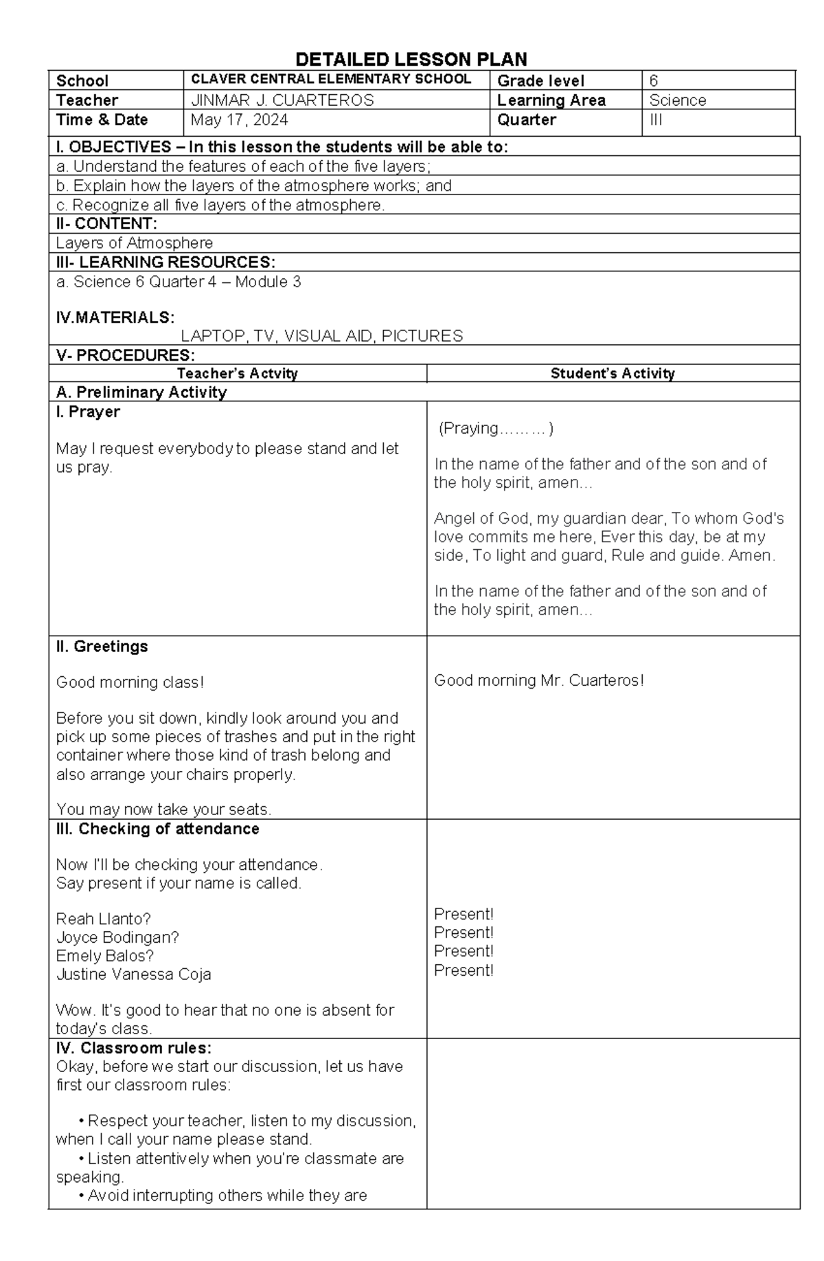 Lesson Plan in TSCI2 phases of the moon - DETAILED LESSON PLAN School ...