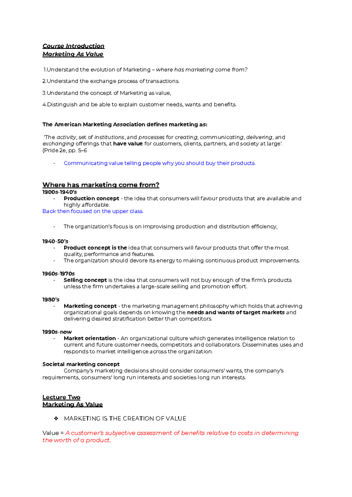 MARK 101 Lecture Notes - Course Introduction Marketing As Value 1 the ...