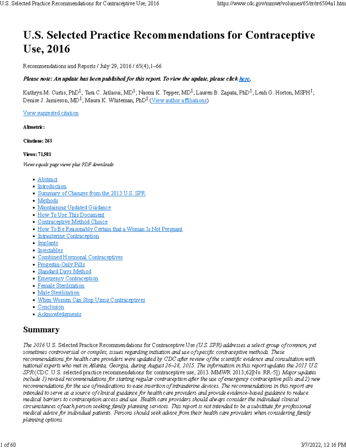 U.S. Selected Practice Recommendations for Contraceptive Use, 2 016 ...