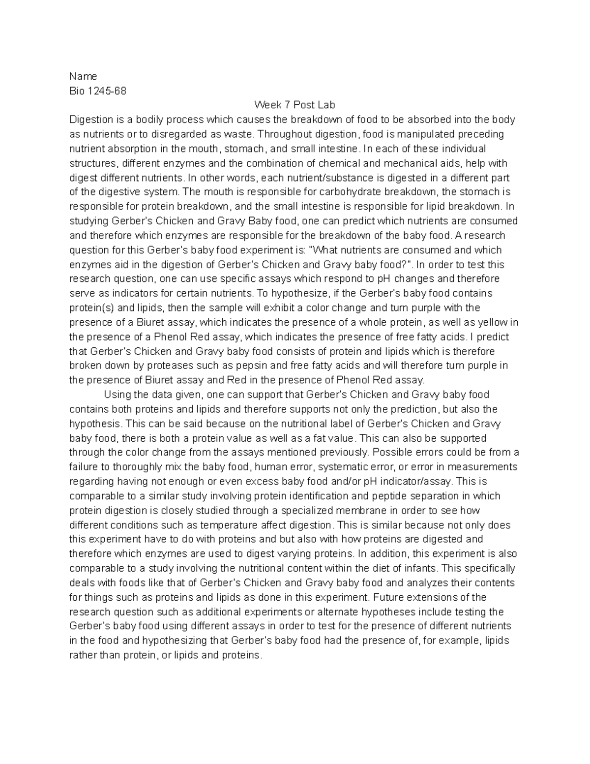 Week 7 Bio Post Lab After Lab Assignment Answering Questions Related To The Weeks Lab And