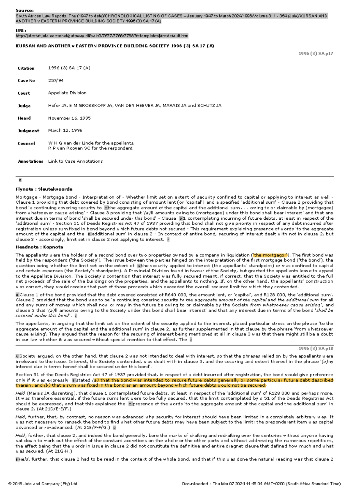 Kursan AND Another v Eastern Province Building Society 1996 (3) SA 17 ...