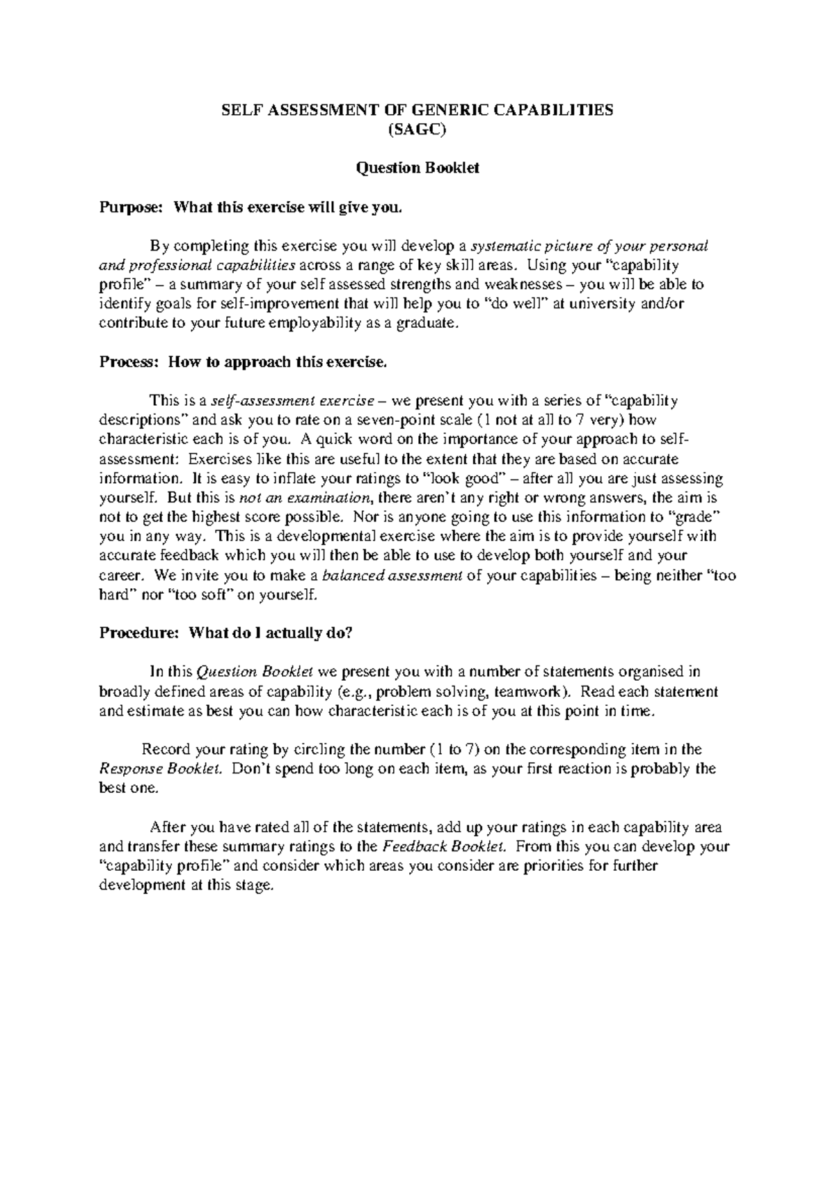 Self Assessment of Generic Capabilities (SAGC) - SELF ASSESSMENT OF ...