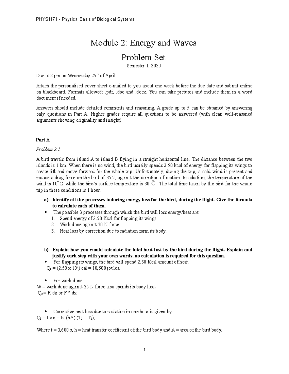 Problem Set 2 Solutions - PHYS1171 - Physical Basis of Biological ...