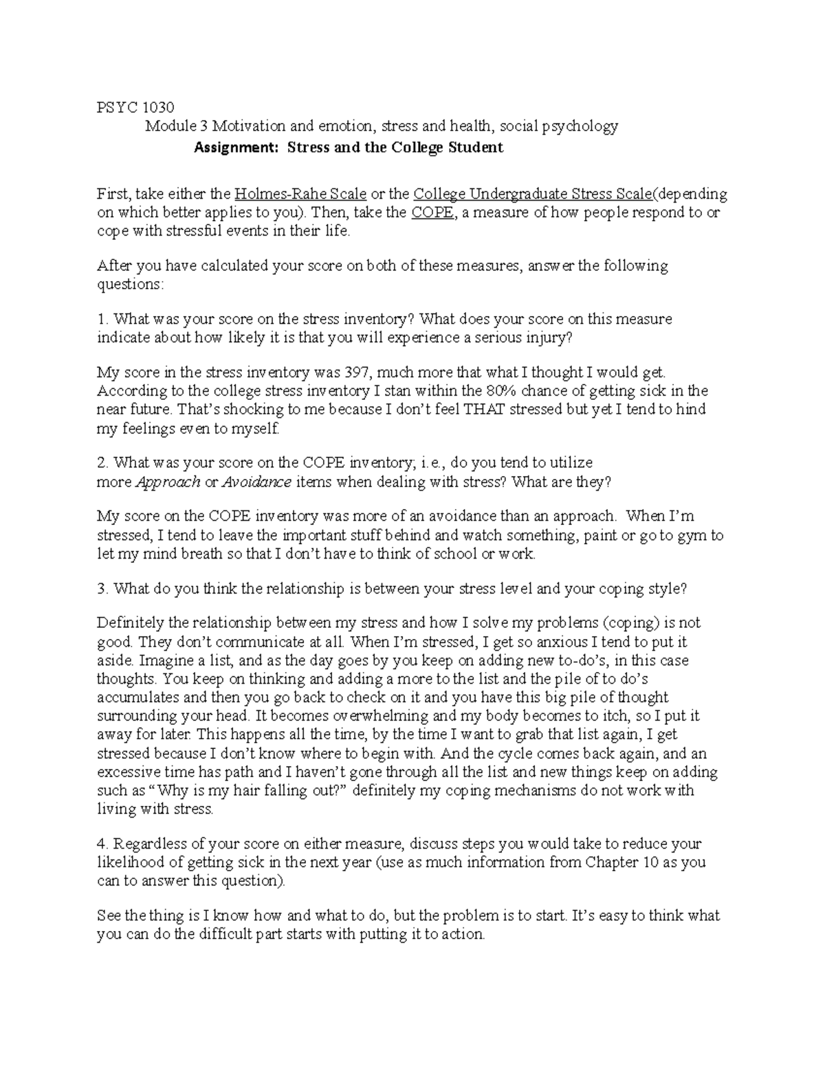 Module 3 assigment - PSYC 1030 Module 3 Motivation and emotion, stress ...
