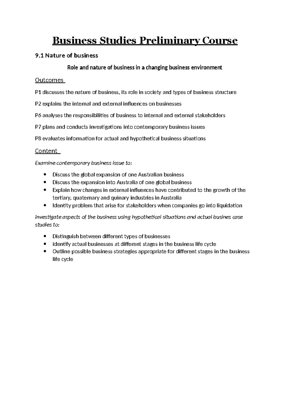 Business Studies Syllabus - Business Studies Preliminary Course 9 ...