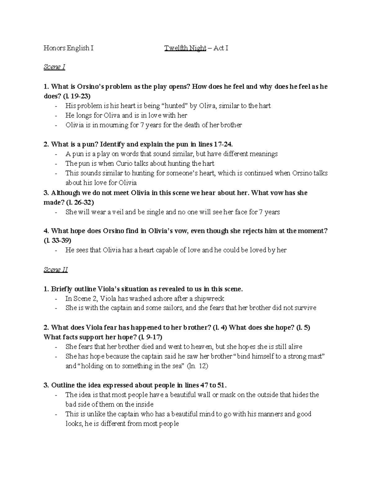 12th Night Act I Questions - Honors English I Twelfth Night – Act I ...
