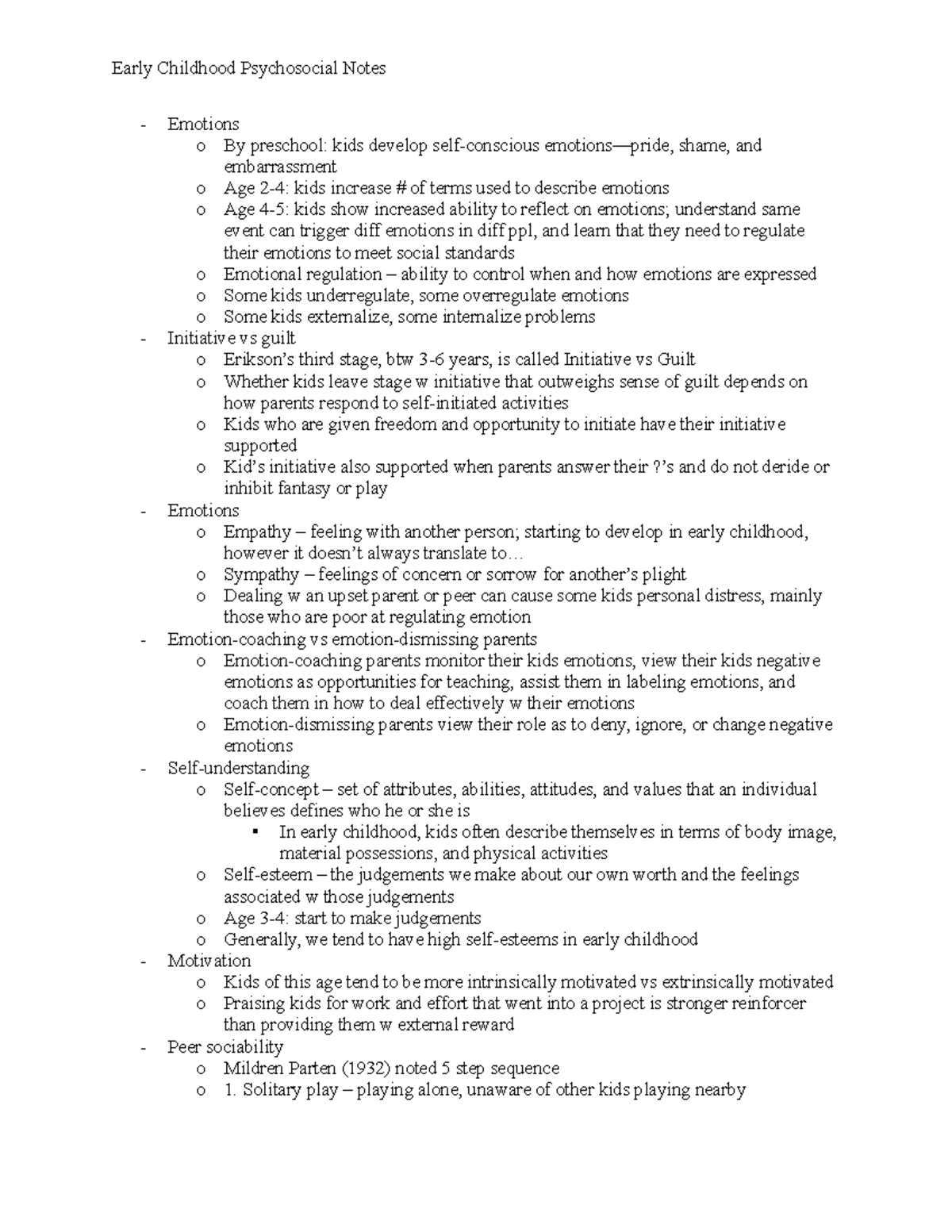 Early Childhood Psychosocial Notes - Emotions o By preschool: kids ...
