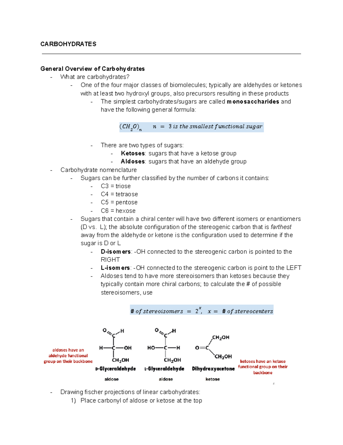 Carbohydrates - notes - CARBOHYDRATES General Overview of Carbohydrates ...