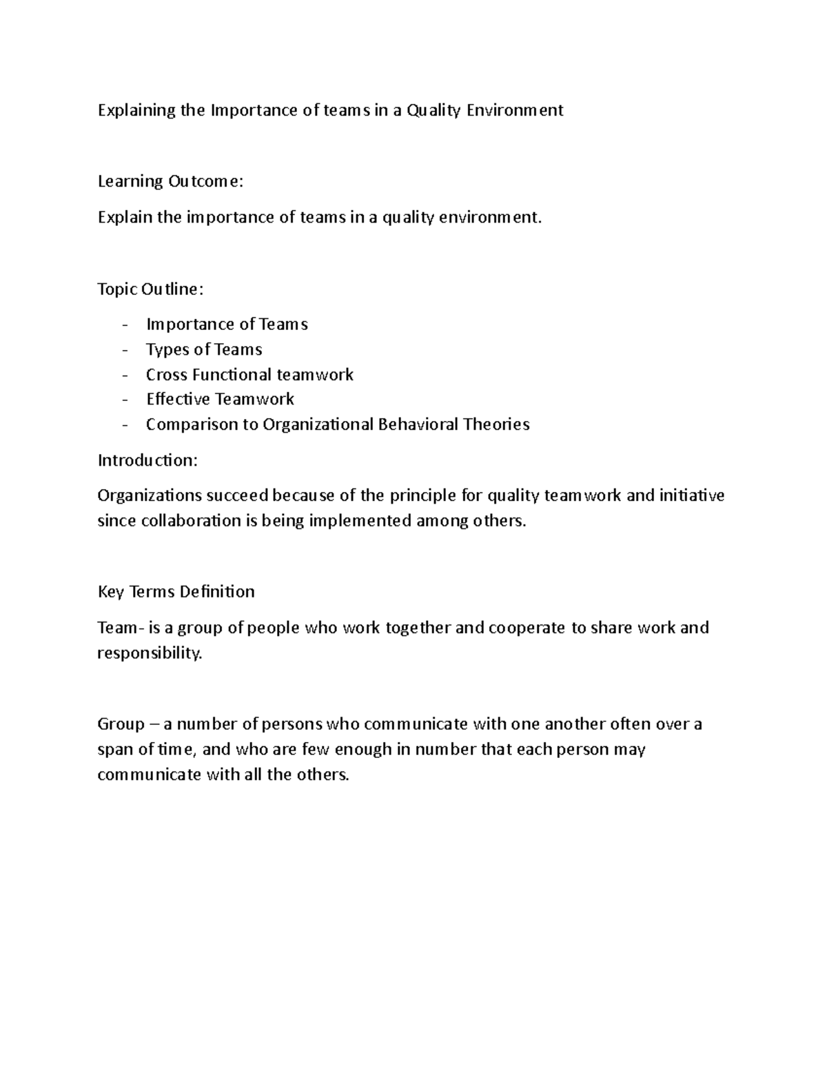 Importance of teams in a Quality Environment - 1 - Explaining the ...