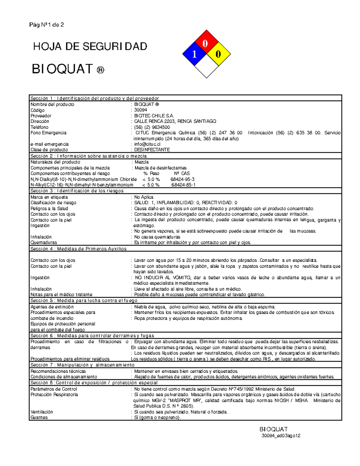Desinfectante Bioquat - Biotec Chile - Pág Nº1 de 2 BIOQUAT 30094 ...
