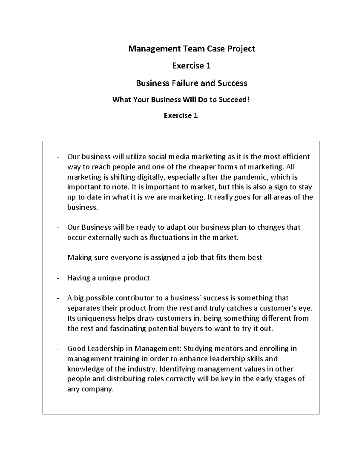 Exercise 1 - Team - Management Team Case Project Exercise 1 Business Failure and Success What ...