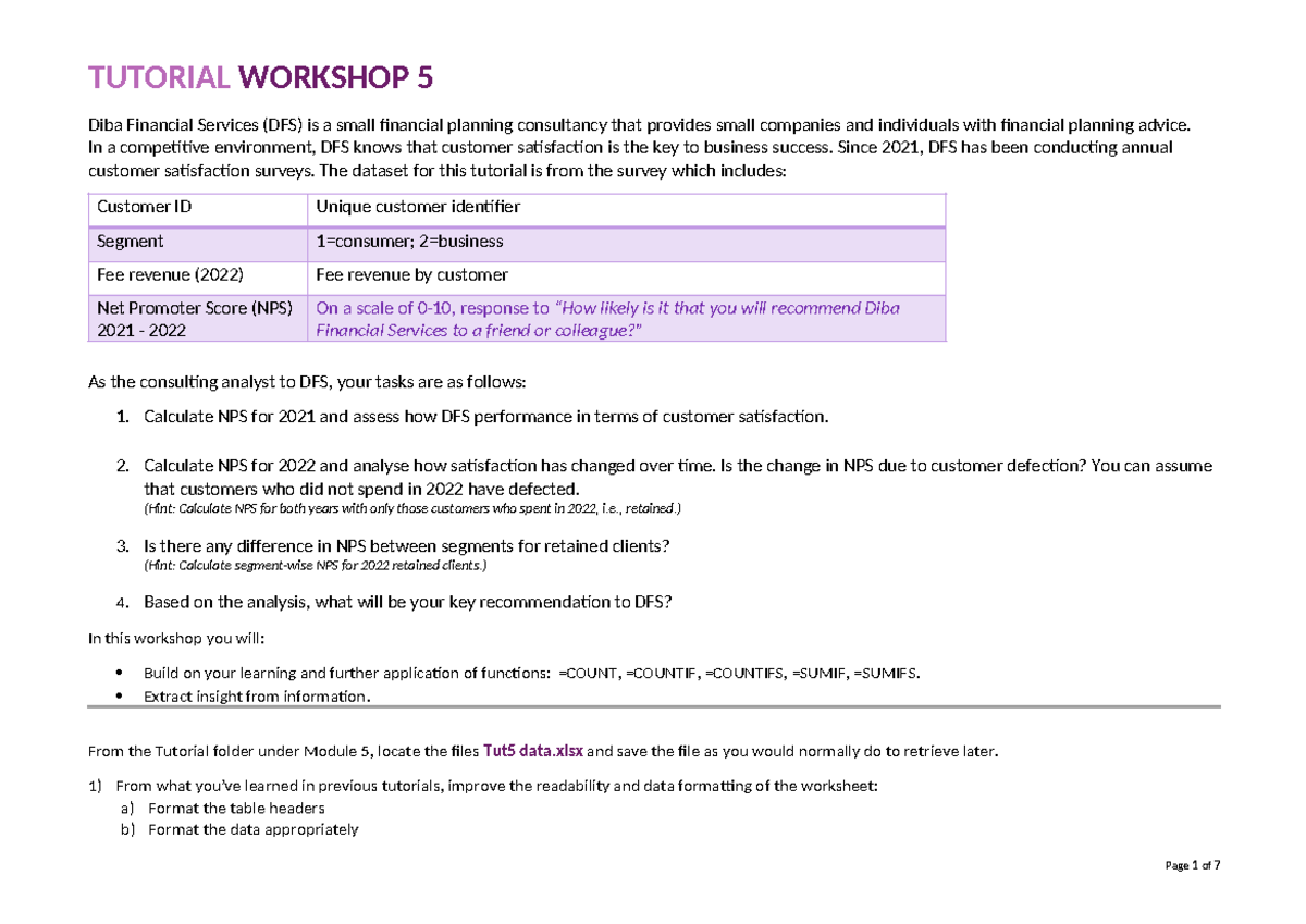 Tutorial Workshop 5 - Information - TUTORIAL WORKSHOP 5 Diba Financial Services (DFS) is a small ...