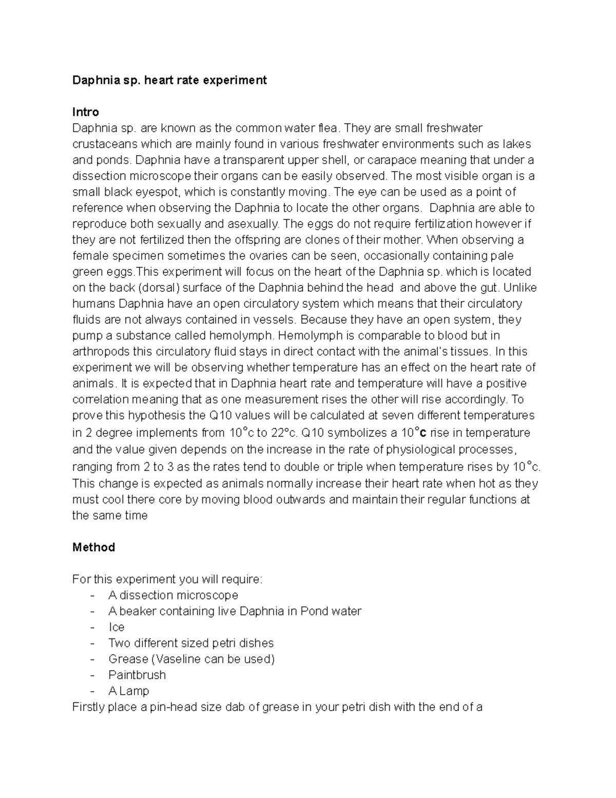 Daphnia notes - Daphnia sp. heart rate experiment Intro Daphnia sp. are ...