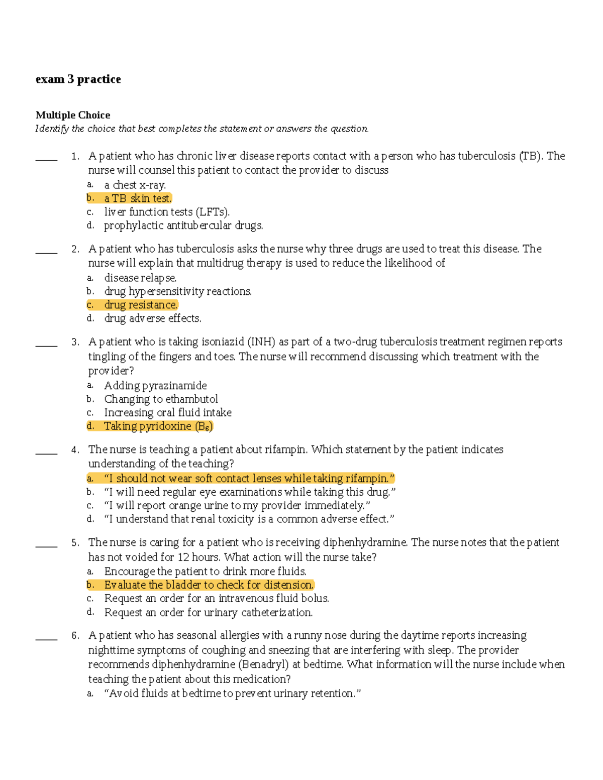 Pharm exam 3 - Exam 3 - exam 3 practice Multiple Choice Identify the ...