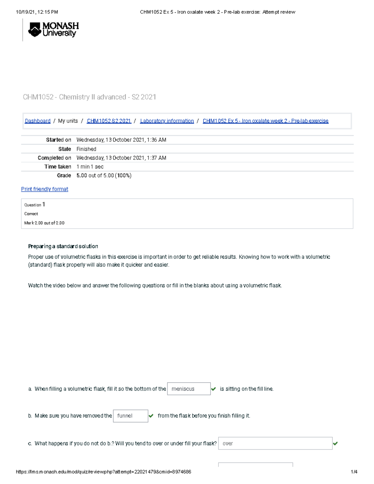 CHM1052 Ex 5 - Iron oxalate week 2 - Pre-lab exercise Attempt ...