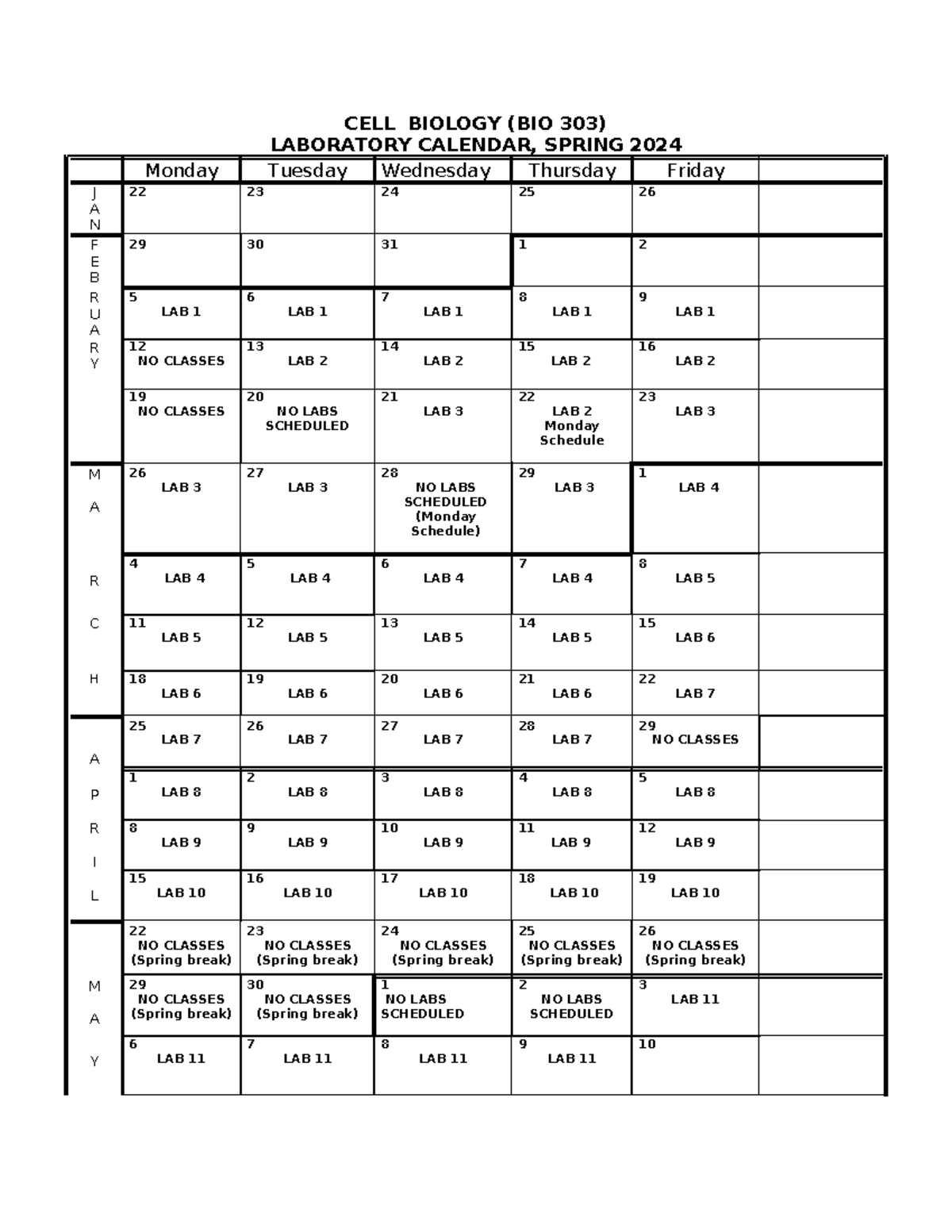 2024Bio303 Lab calendar - CELL BIOLOGY (BIO 303) LABORATORY CALENDAR ...