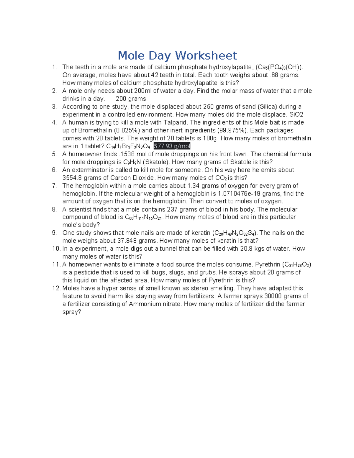 Mole Day Worksheet - Mole Day Worksheet The teeth in a mole are made of ...