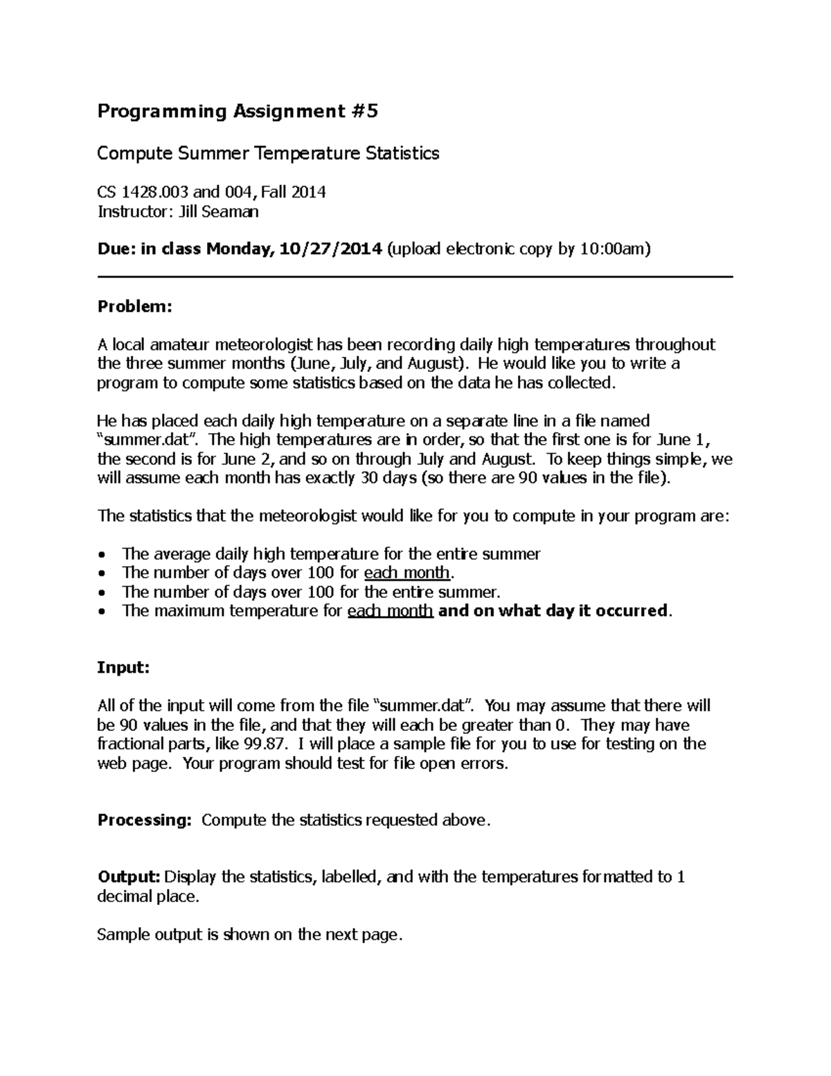Assignment 5 - CS 1428 - Programming Assignment ! Compute Summer Temperature Statistics ! CS ...