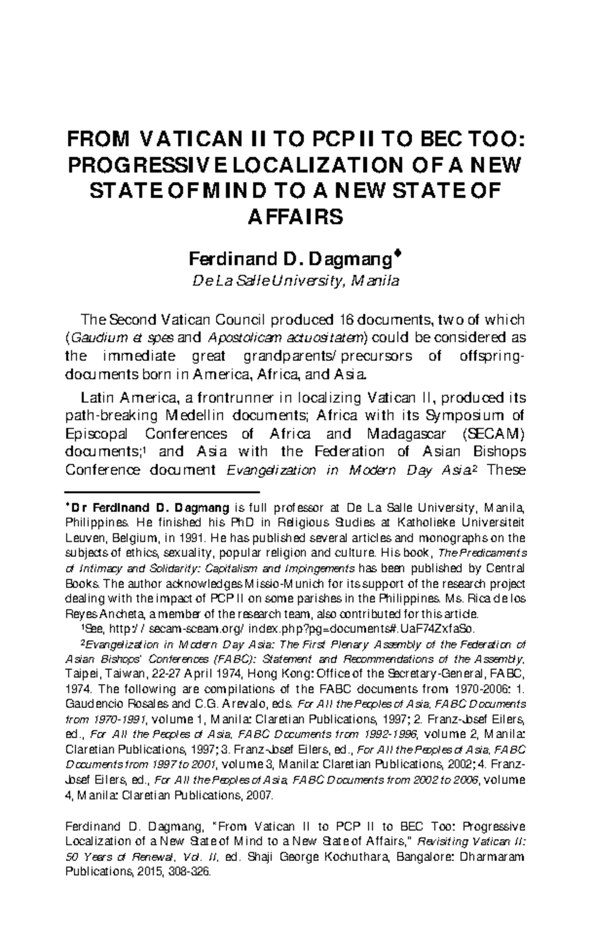 From Vatican II to PCP II to BEC Too - Ferdinand D. Dagmang, “ From ...