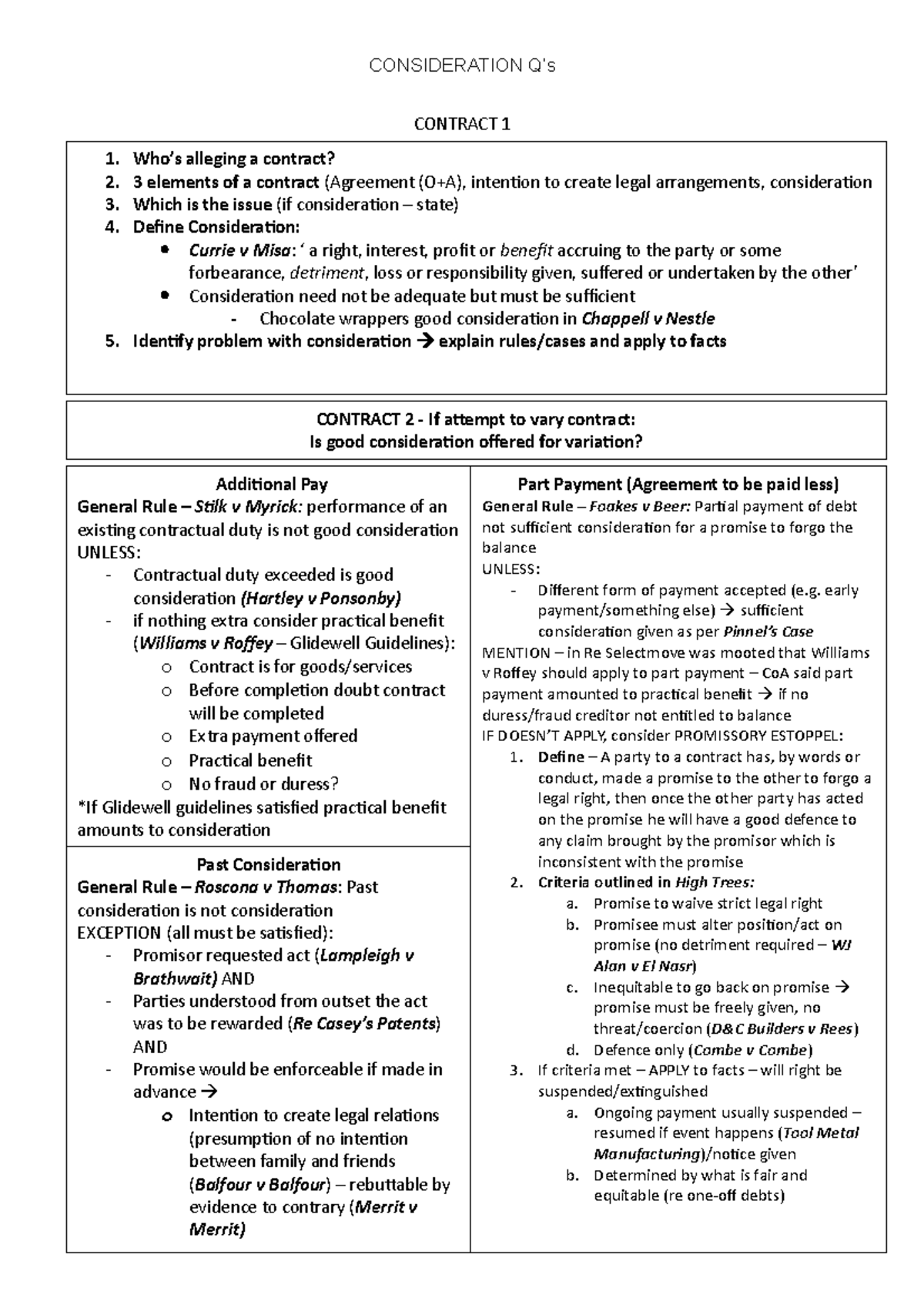 GDL Contract Law - exam notes for consideration questions ...
