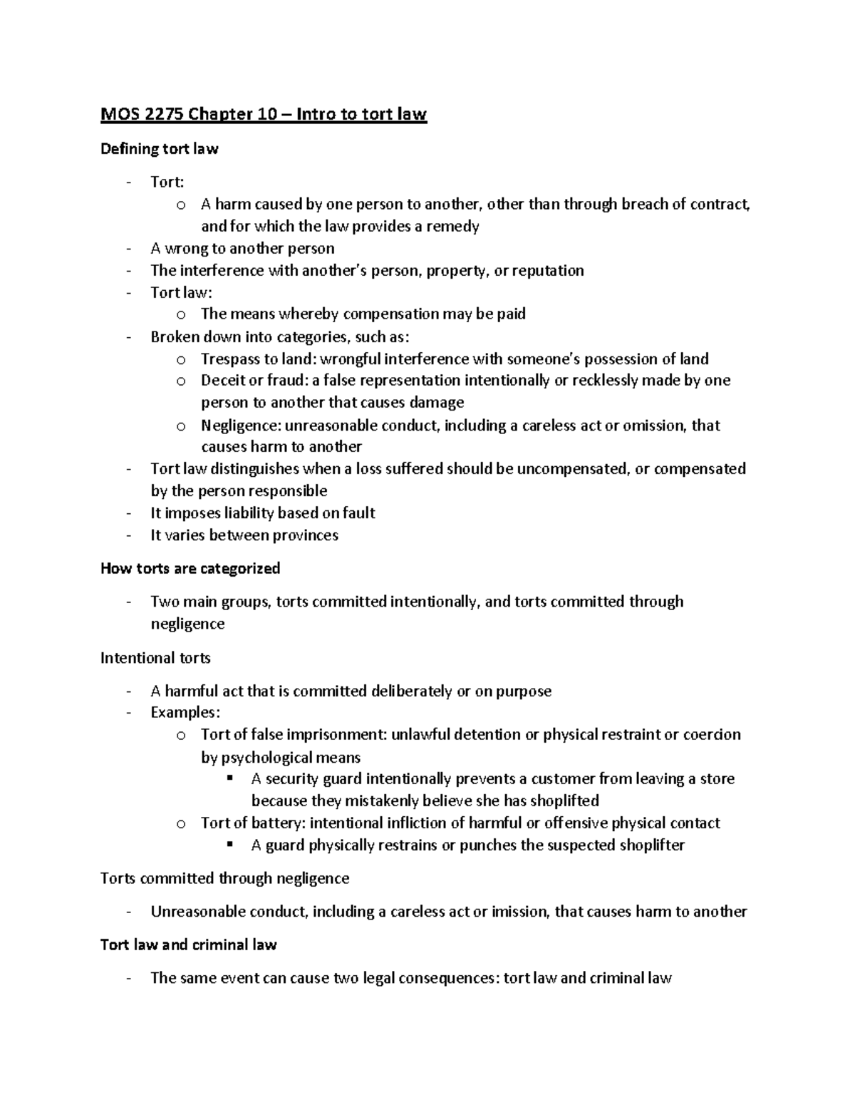 MOS 2275 Chapter 10 - Introduction to Tort Law - MOS 2275 Chapter 10 ...