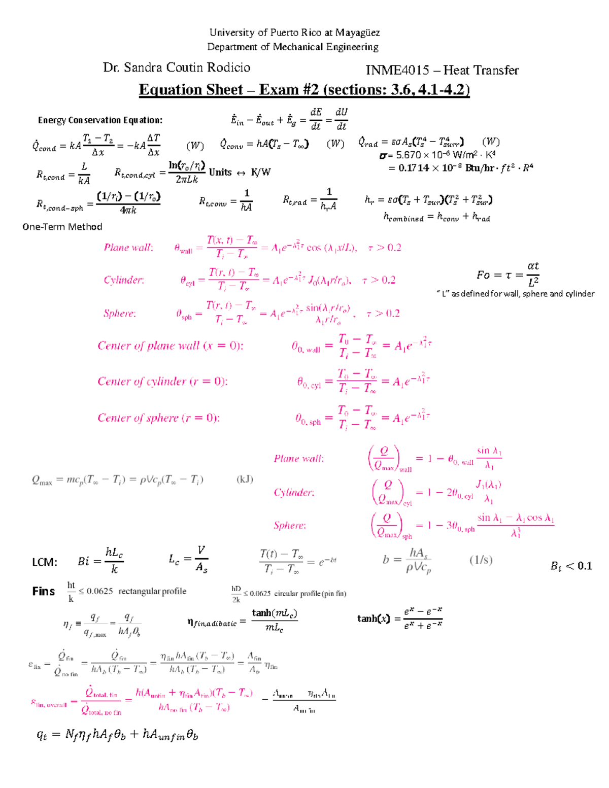 Equation Sheet Ex#2 F2022 inme4015 Dr - = 5 10 − 8 W/m 2 · K 4 Equation ...