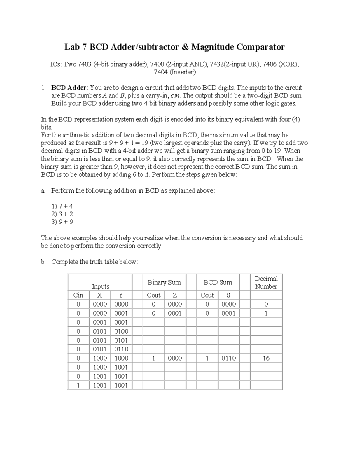 Lab7 - ENS 2221 - Lab 7 BCD Adder/subtractor & Magnitude Comparator ICs ...
