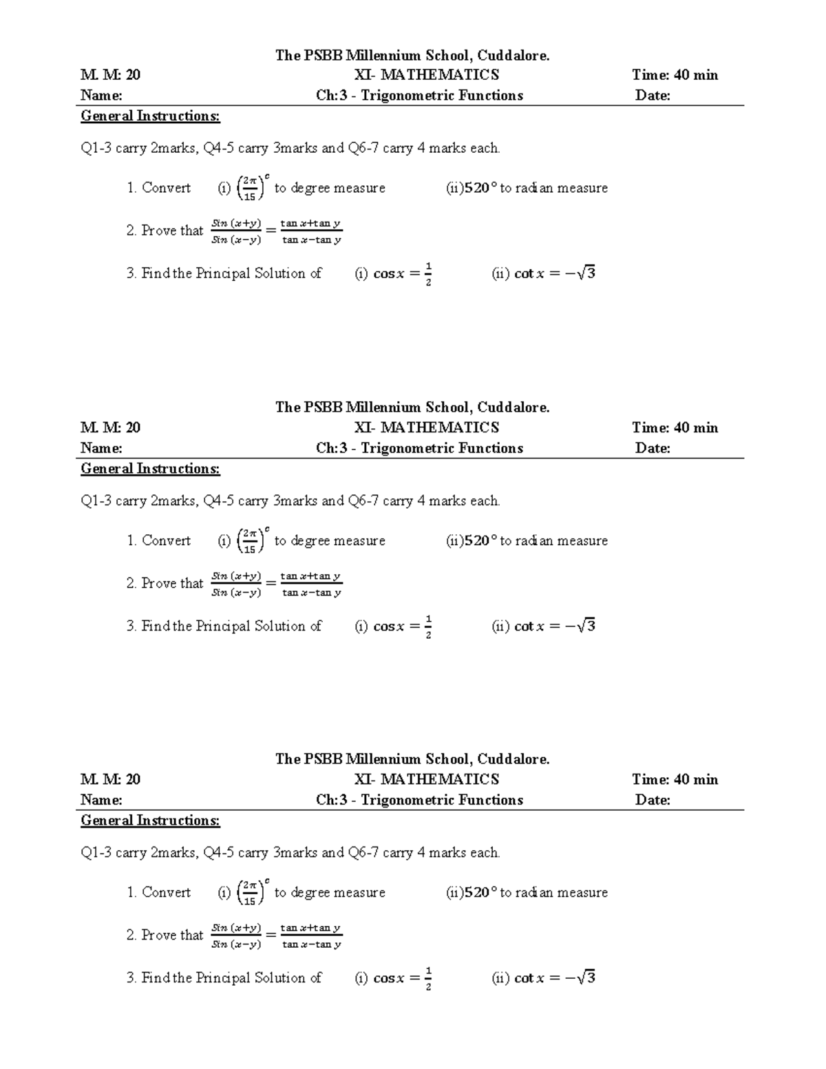 CT XI Ch3 Trig Fns - Mathematics Class test from Chapter-3 - The PSBB ...